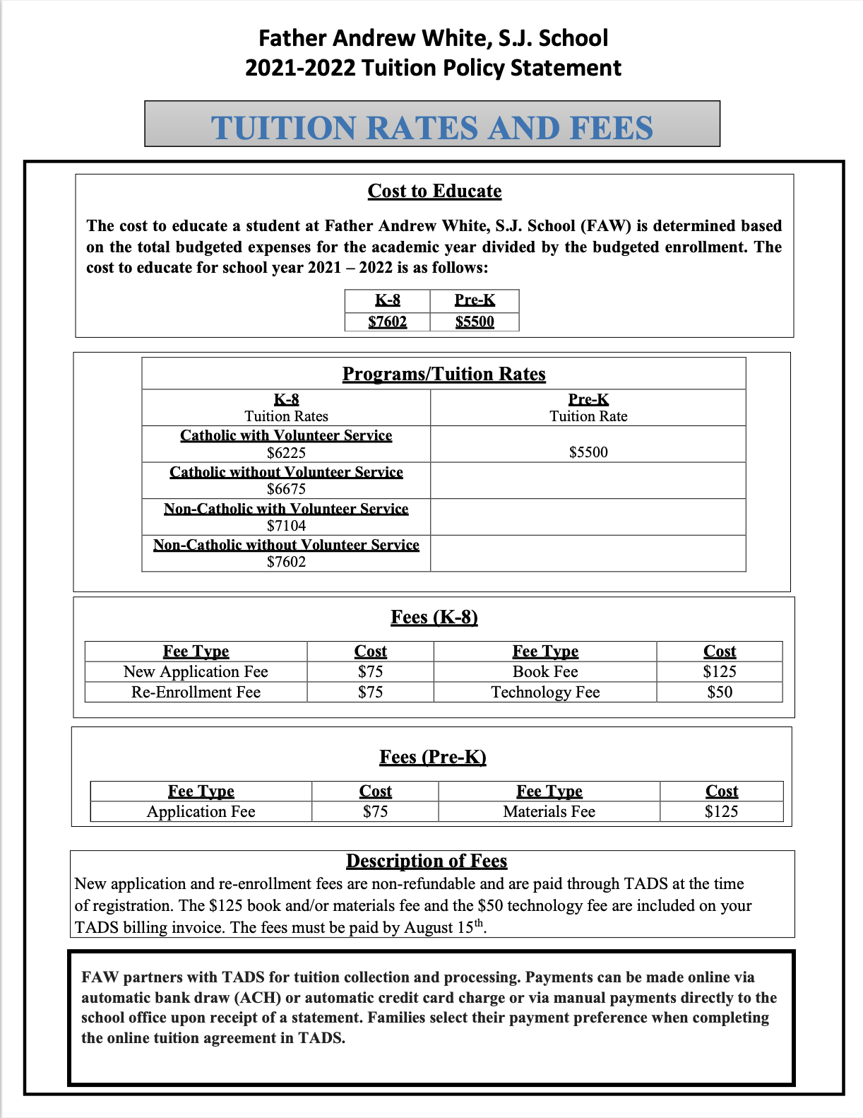 Tuition – Father Andrew White, S.J. School