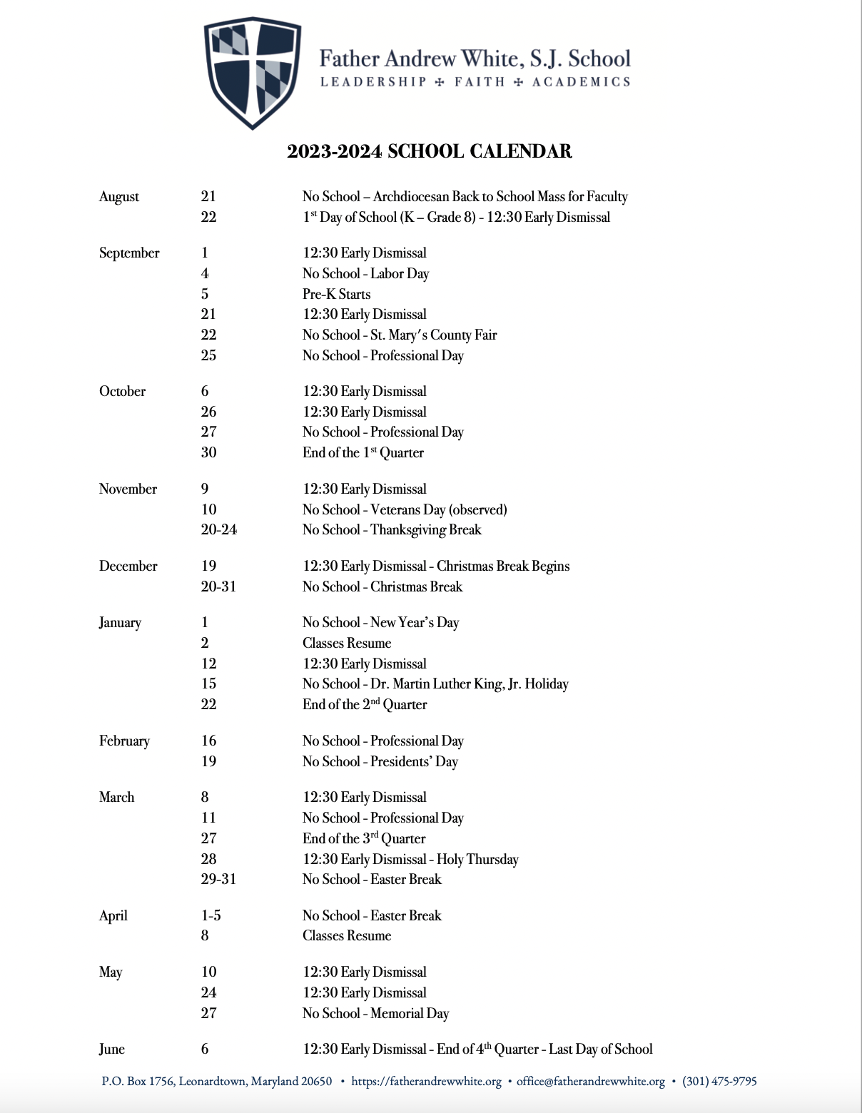 School Calendar – Father Andrew White, S.J. School