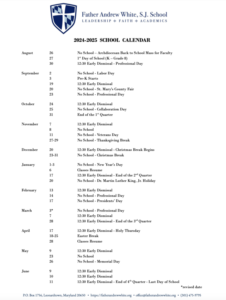 School Calendar – Father Andrew White, S.J. School