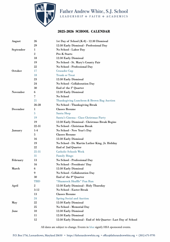 School Calendar – Father Andrew White, S.J. School